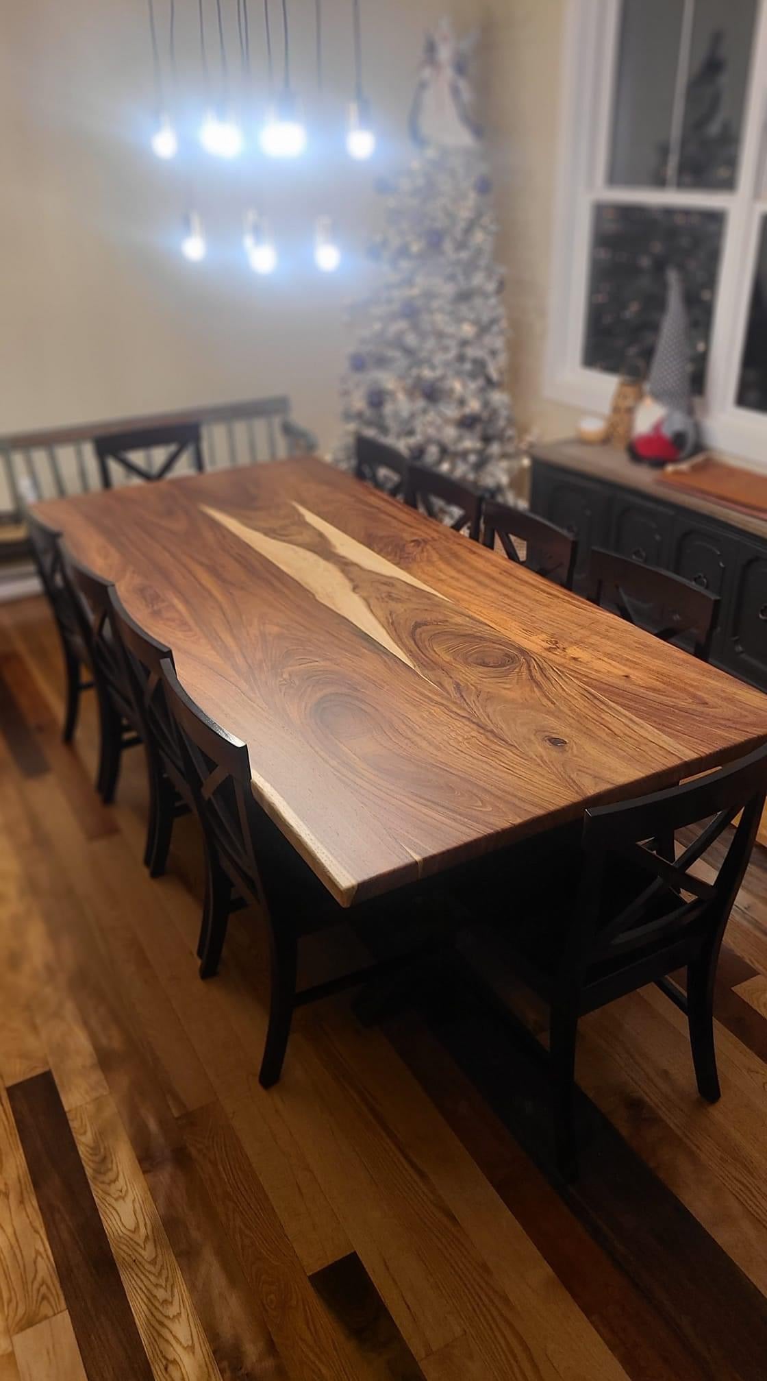 Traditional Parota Dining Table: Black Metal Base